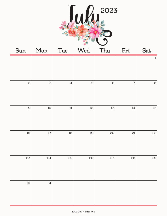 July 2023 Calendar Templates - 12 Free Printables - Savor + Savvy