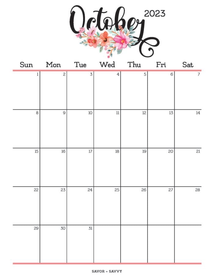 October 2023 Calendar Templates - 12 Free Printables - Savor + Savvy