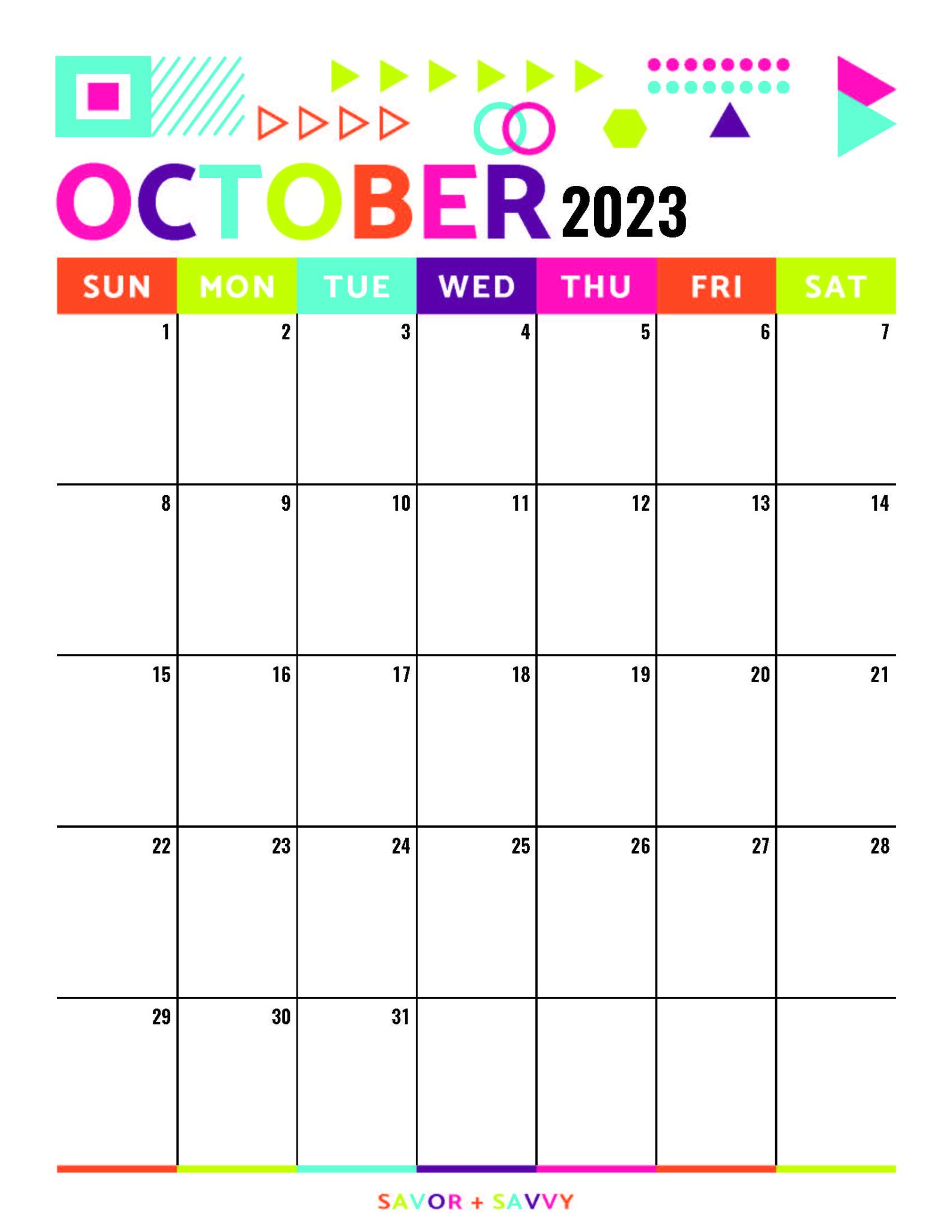 October 2023 Calendar Templates - 12 Free Printables - Savor + Savvy