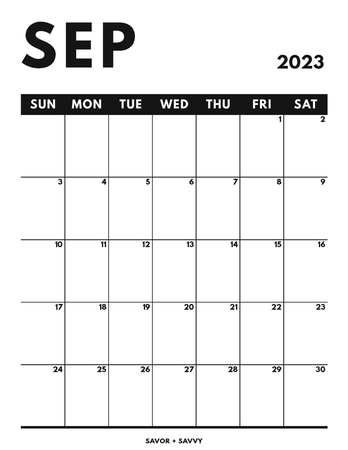 September 2023 Calendar Templates - 12 Free Printables - Savor + Savvy