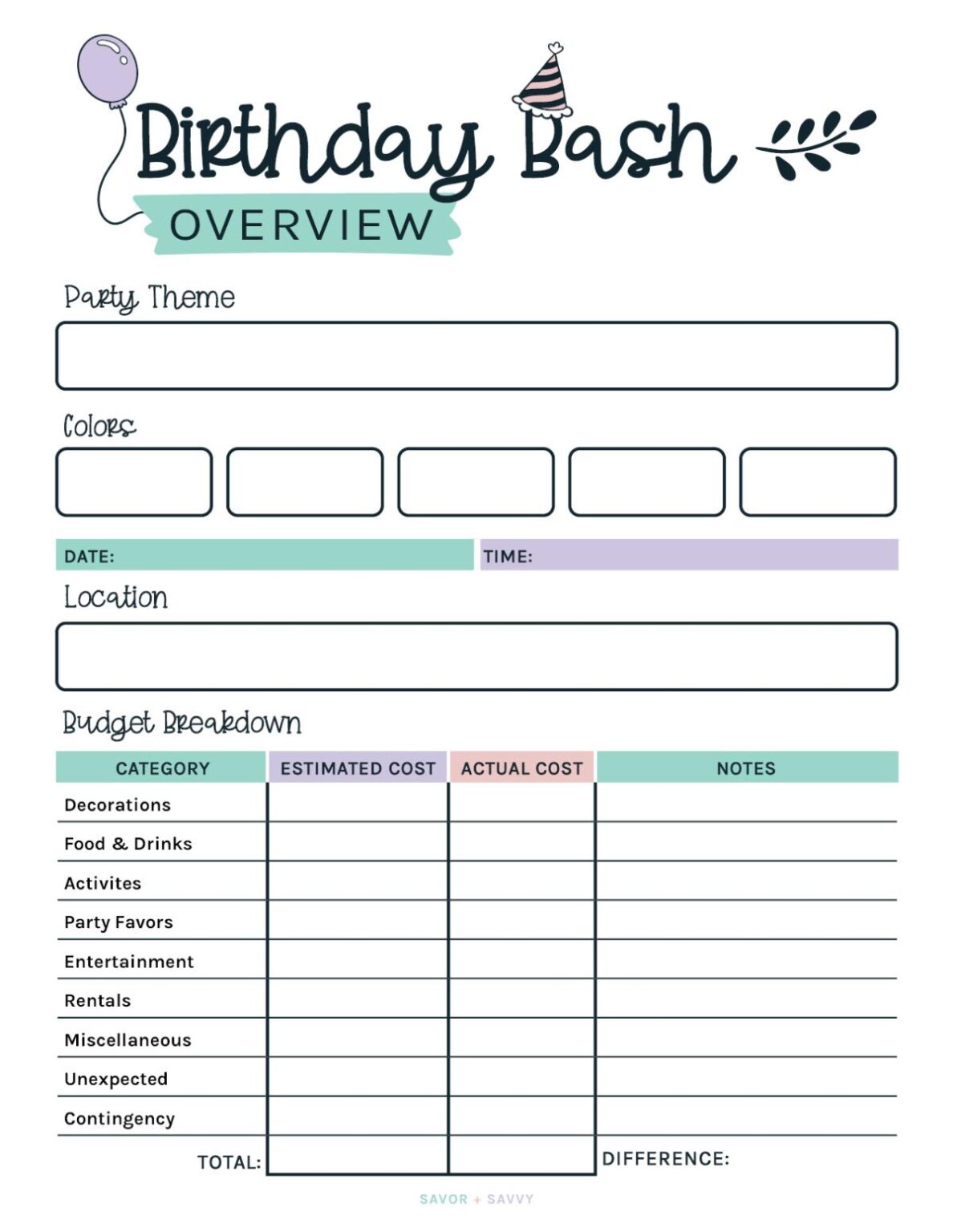 Birthday Bash Organizer - Party Planning Printables + Guide - Savor ...