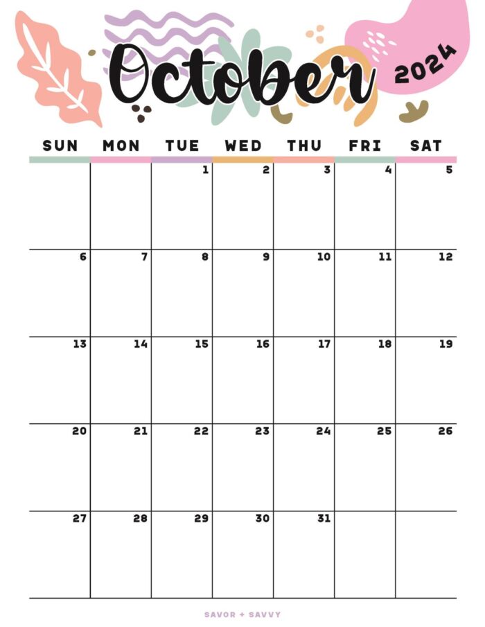 October 2024 Calendar Templates – 14 Free Printables - Savor + Savvy