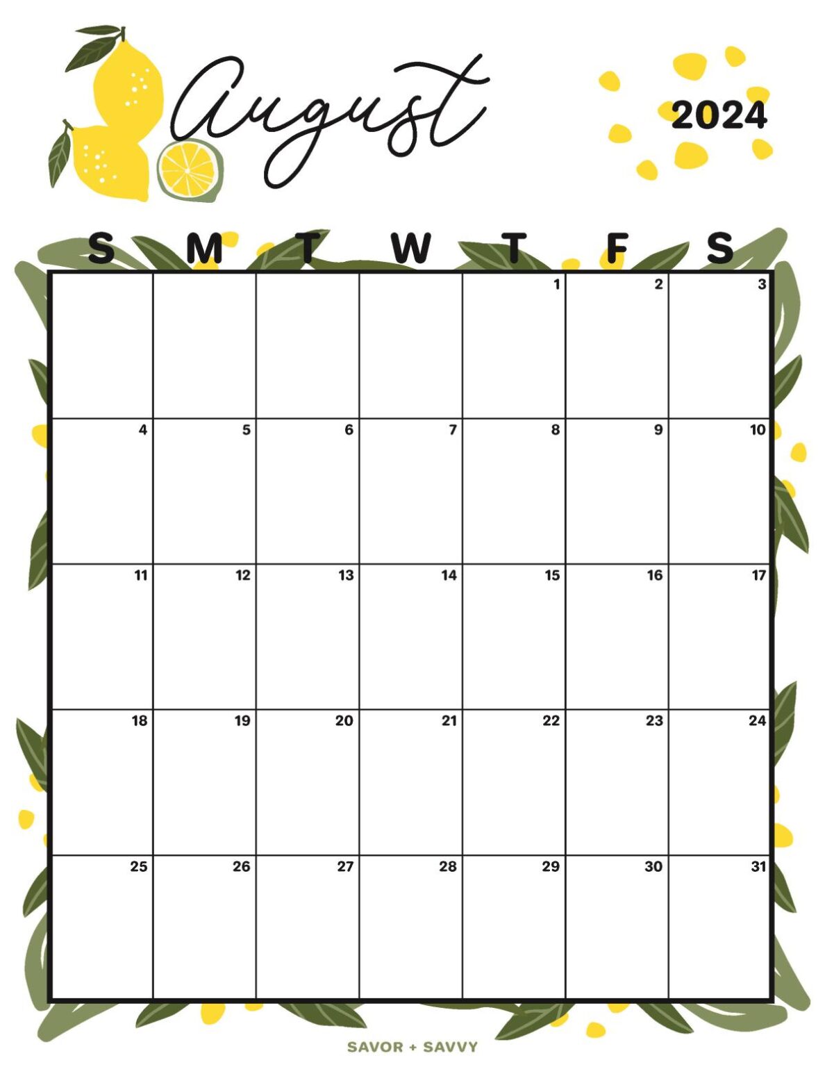 August 2024 Calendar Templates – 14 Free Printables - Savor + Savvy