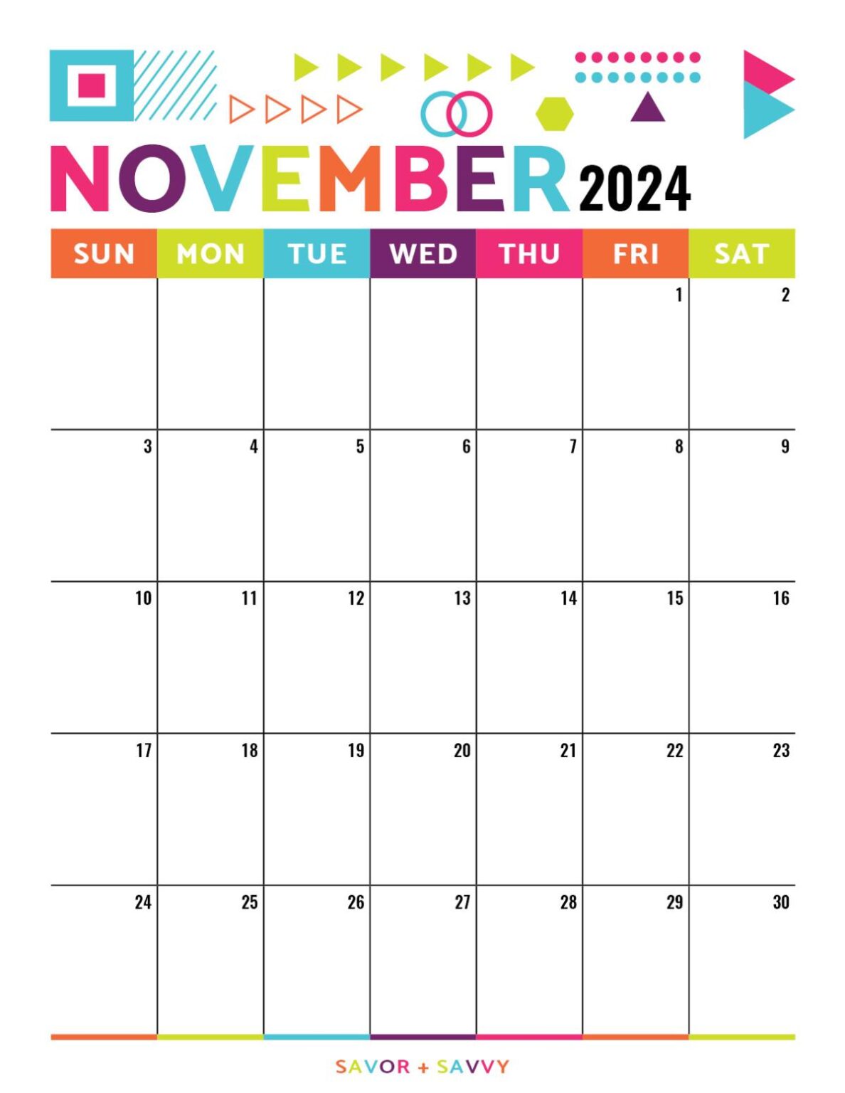 November 2024 Calendar Templates – 14 Free Printables - Savor + Savvy