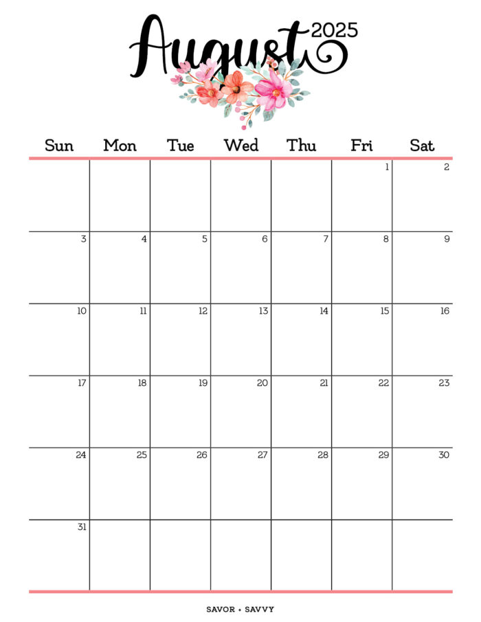 August 2025 Calendar Templates – 14 Free Printables - Savor + Savvy