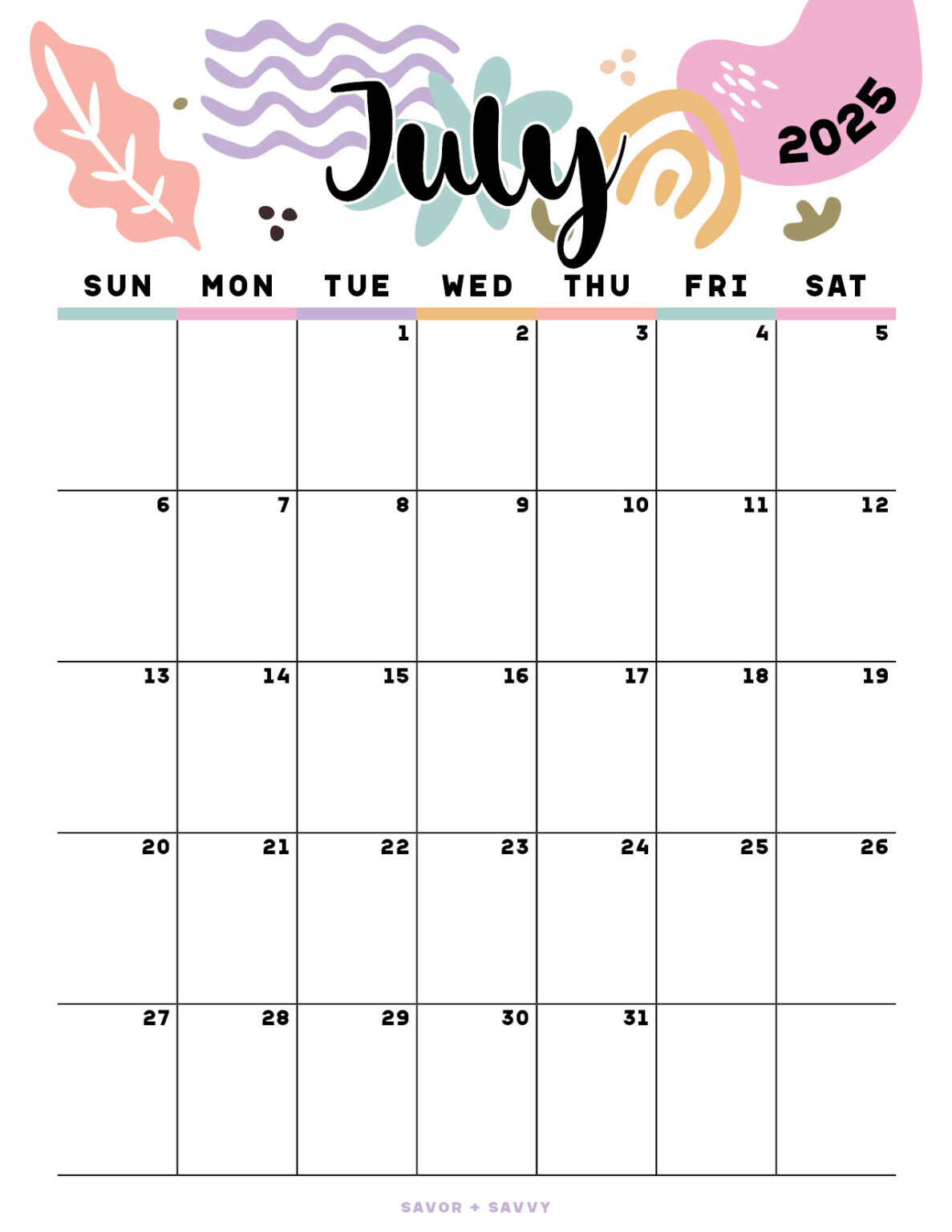 July 2025 Calendar Templates - 14 Free Printables - Savor + Savvy