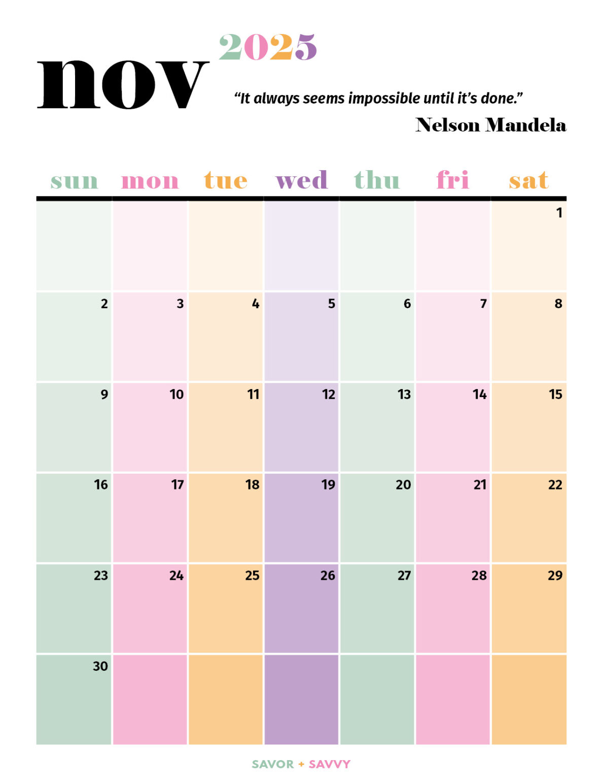 November 2026 Calendar Templates - 14 Free Printables - Savor + Savvy