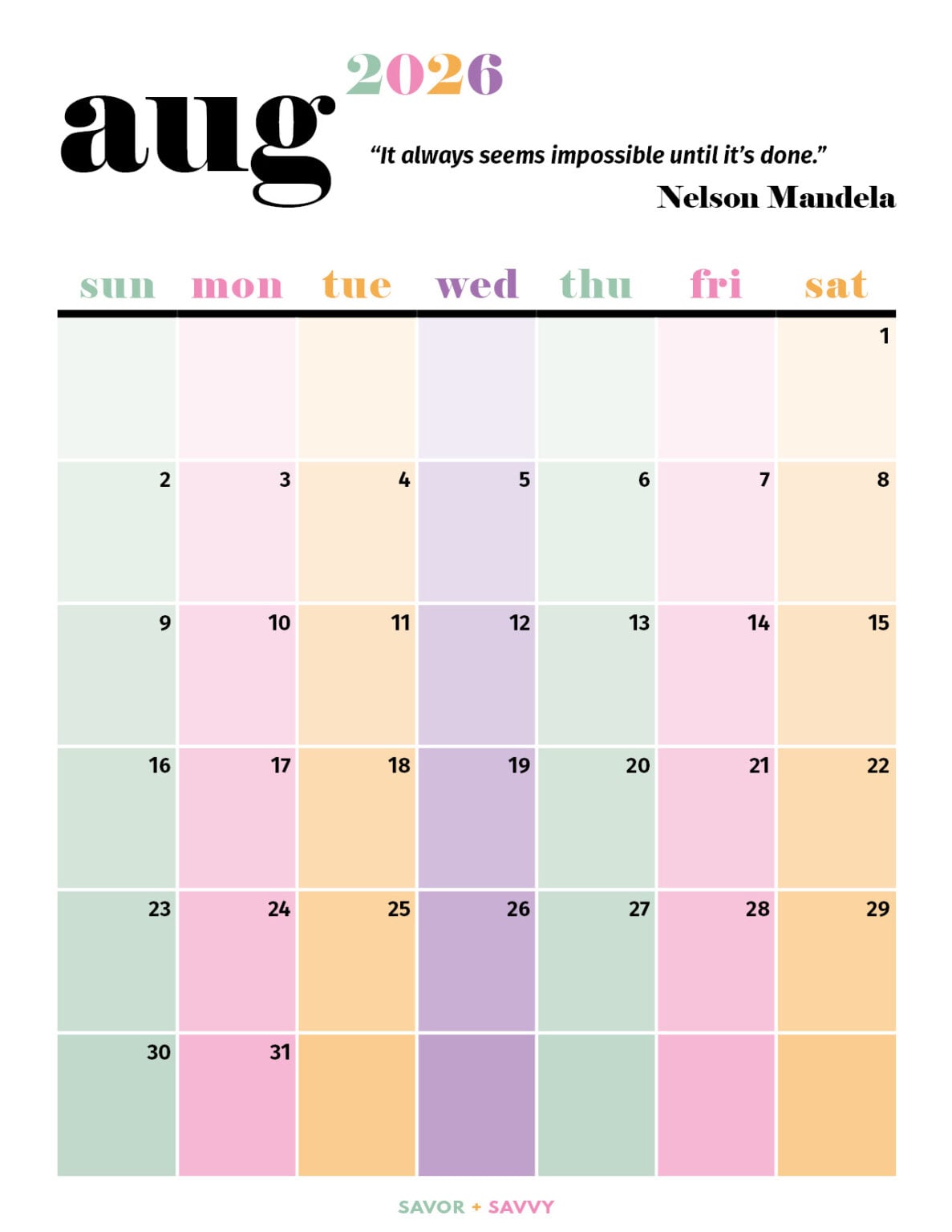 August 2026 Calendar Templates - 14 Free Printables - Savor + Savvy