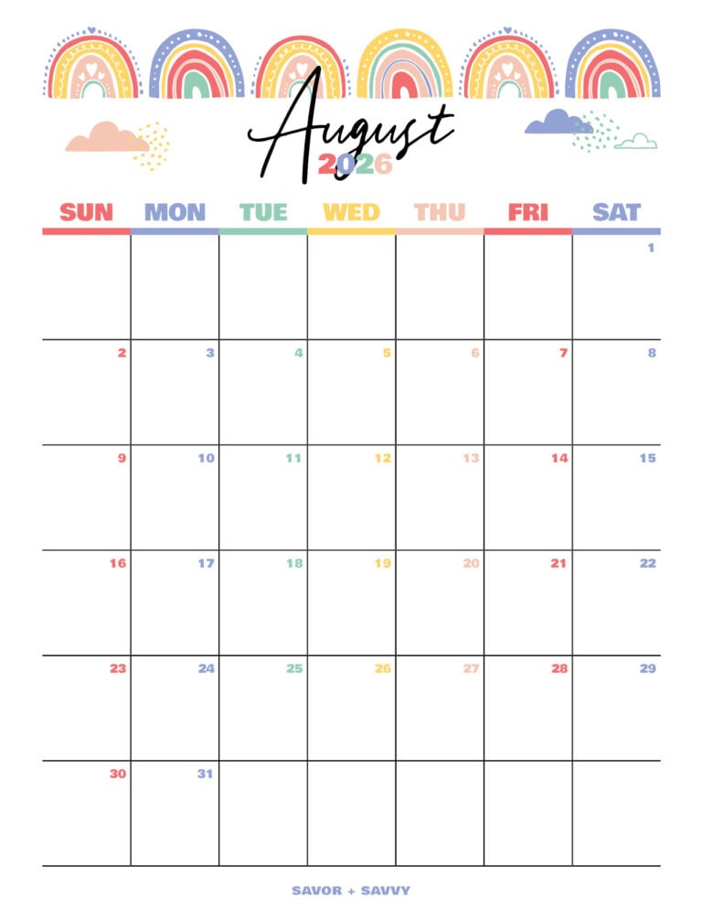 August 2026 Calendar Templates - 14 Free Printables - Savor + Savvy