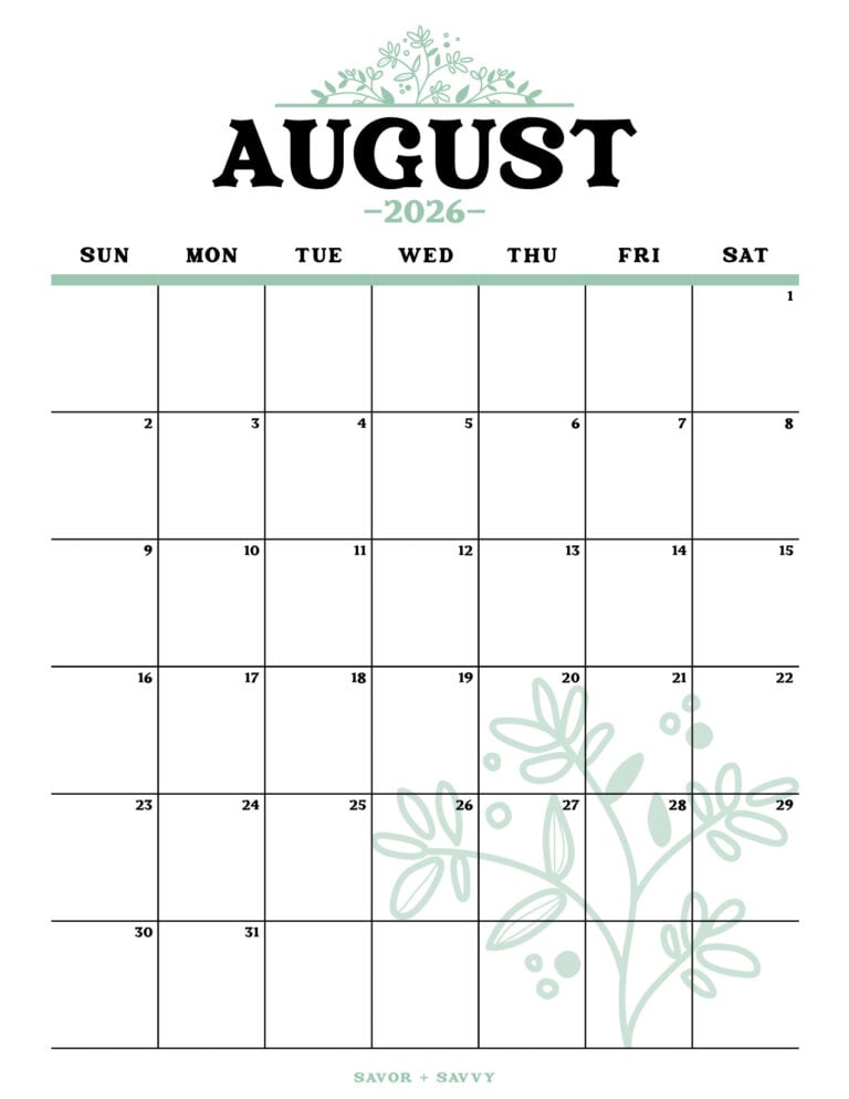 August 2026 Calendar Templates - 14 Free Printables - Savor + Savvy