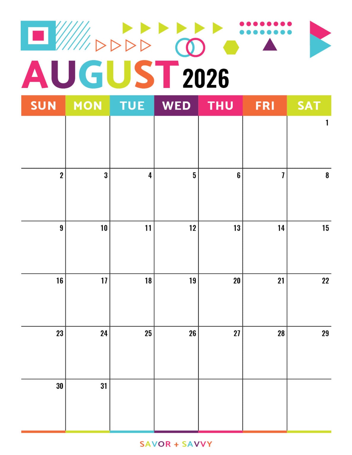 August 2026 Calendar Templates - 14 Free Printables - Savor + Savvy