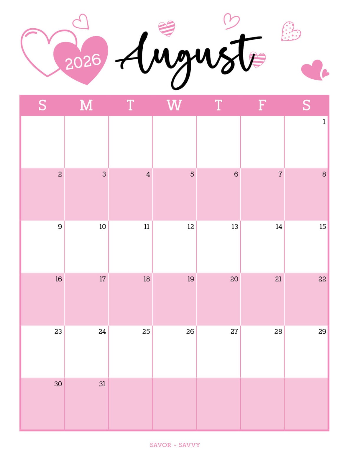 August 2026 Calendar Templates - 14 Free Printables - Savor + Savvy