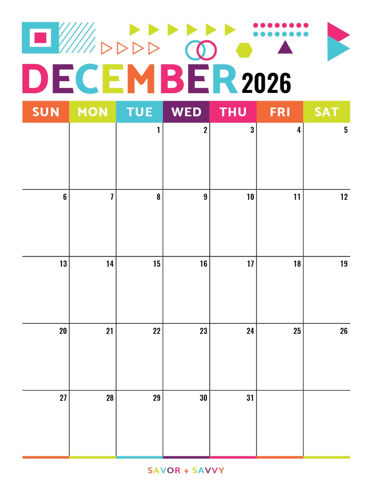 December 2026 Calendar Templates 14 Free Printables Savor Savvy