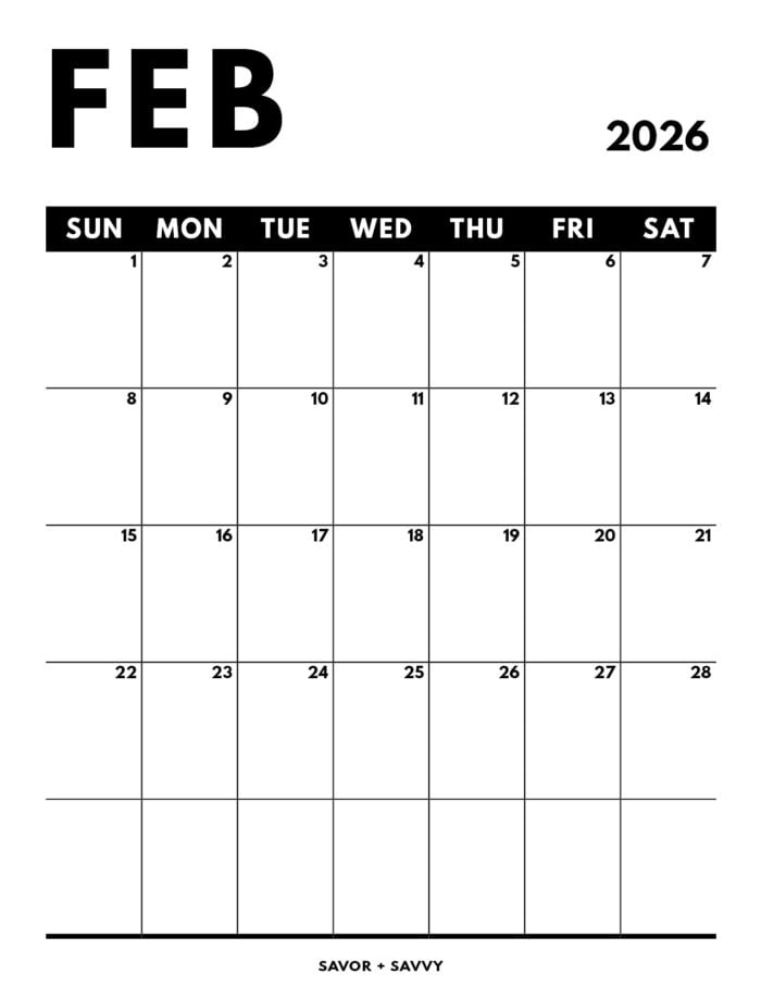 February 2026 Calendar Templates - 14 Free Printables - Savor + Savvy