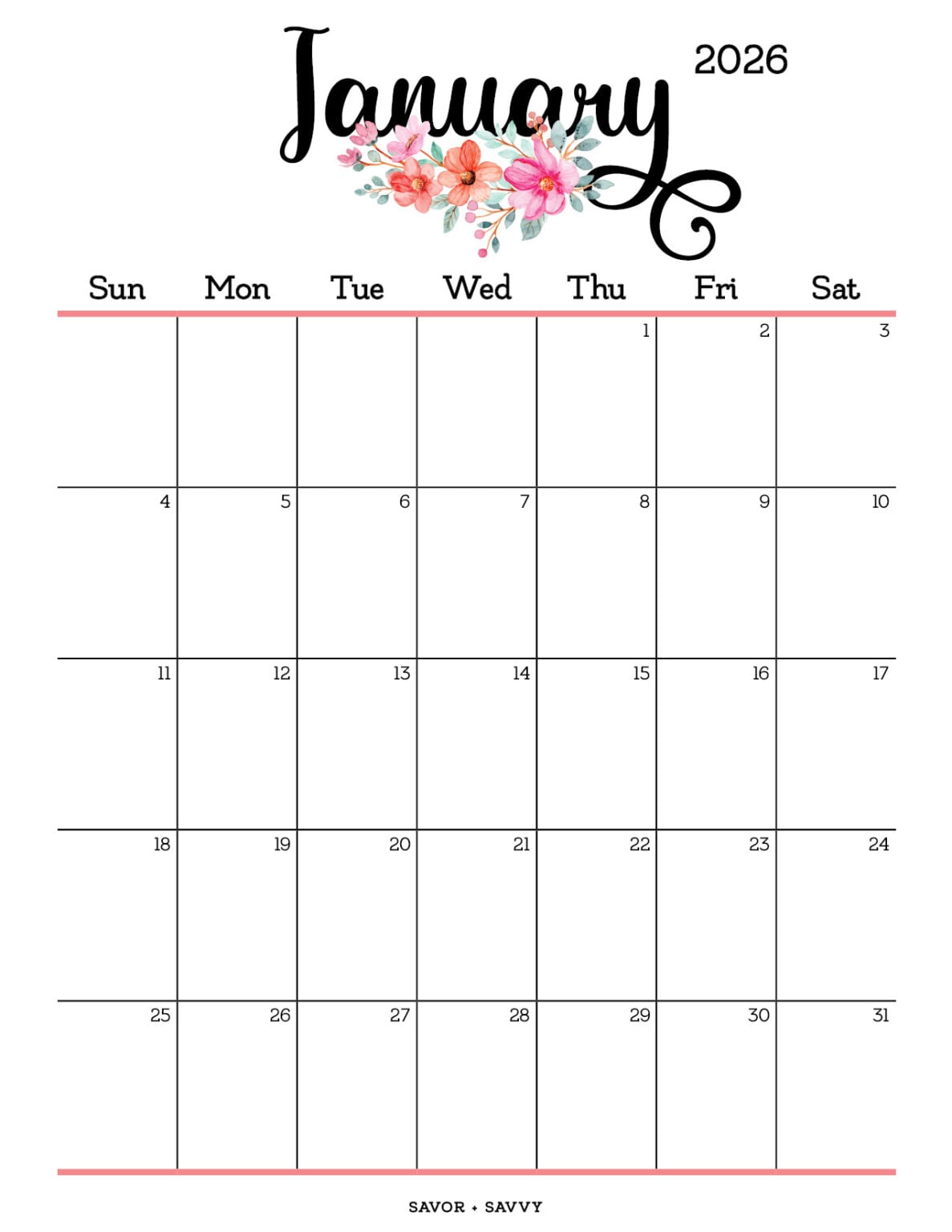 January 2026 Calendar Templates - 14 Free Printables - Savor + Savvy
