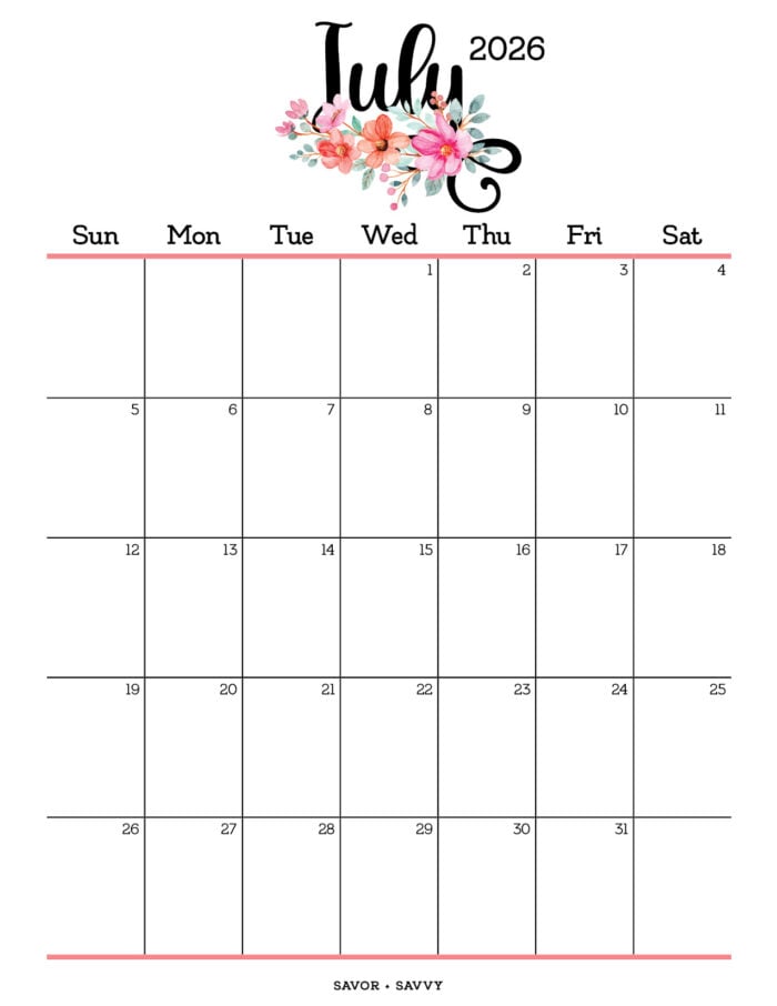 July 2026 Calendar Templates - 14 Free Printables - Savor + Savvy