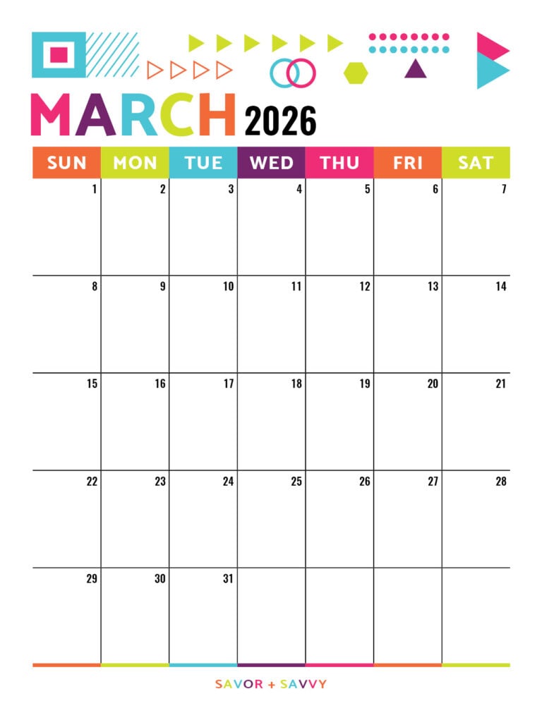 March 2026 Calendar Templates - 14 Free Printables - Savor + Savvy
