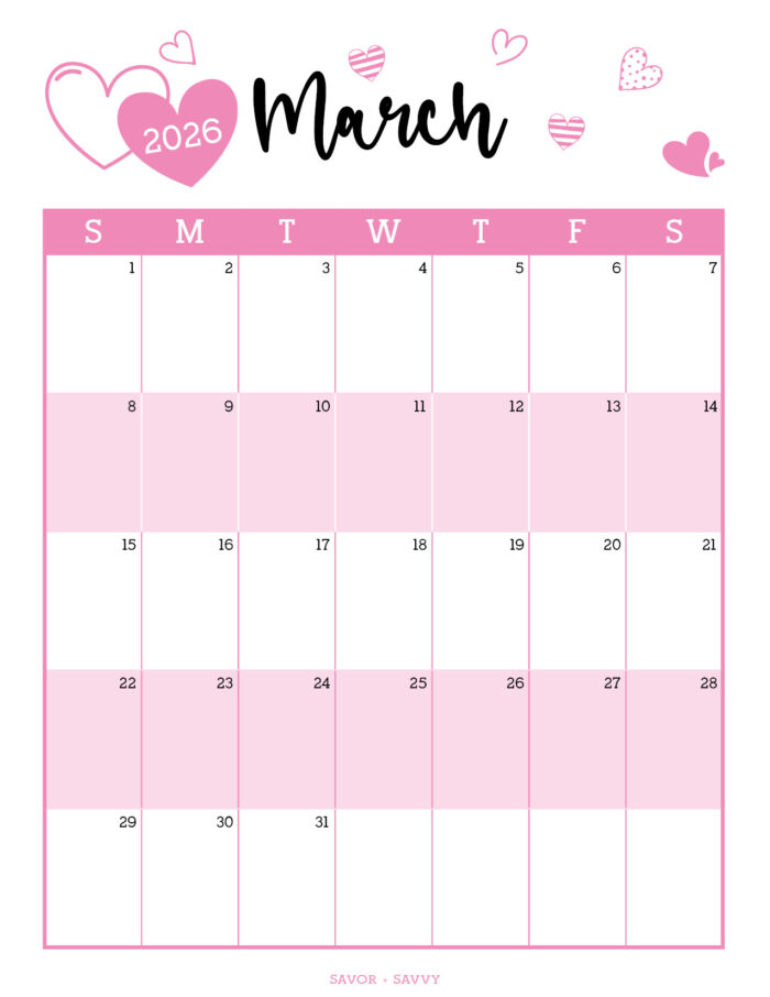 March 2026 Calendar Templates - 14 Free Printables - Savor + Savvy