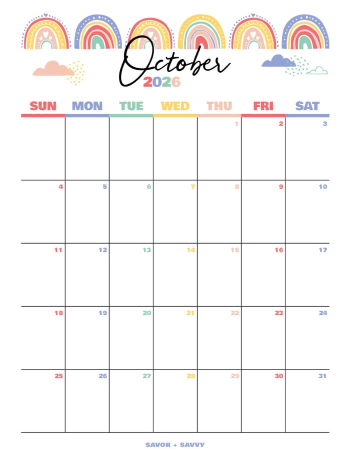 October 2026 Calendar Templates - 14 Free Printables - Savor + Savvy
