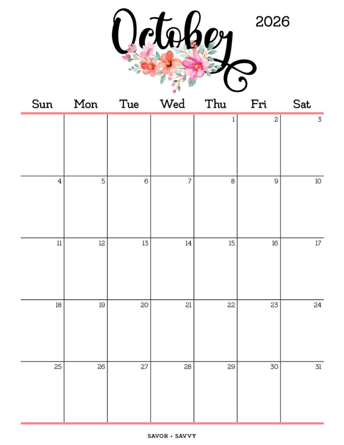 October 2026 Calendar Templates - 14 Free Printables - Savor + Savvy