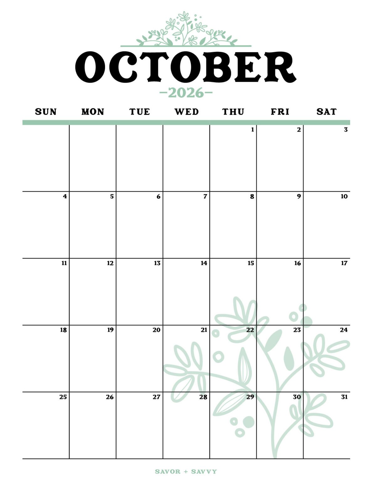 October 2026 Calendar Templates - 14 Free Printables - Savor + Savvy