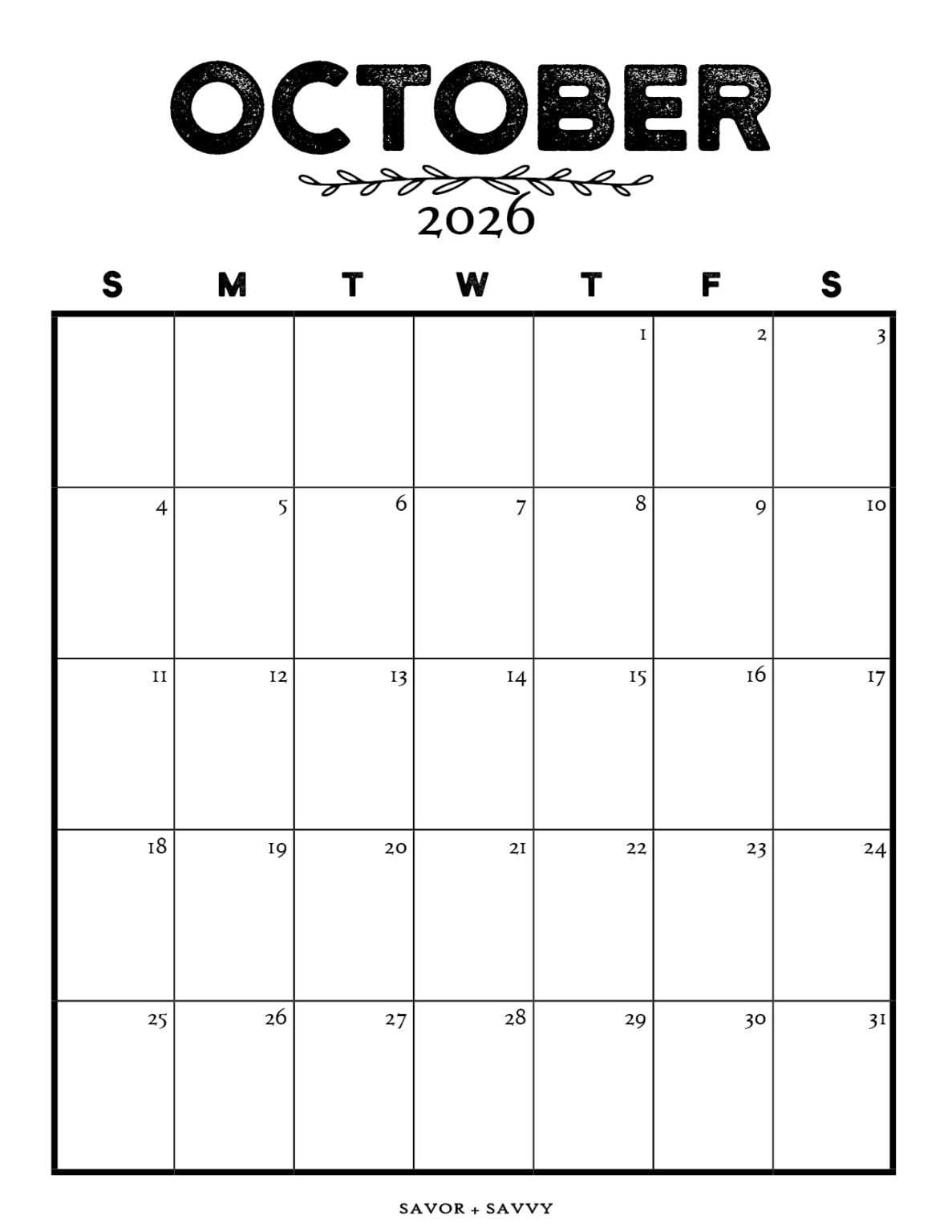 October 2026 Calendar Templates - 14 Free Printables - Savor + Savvy