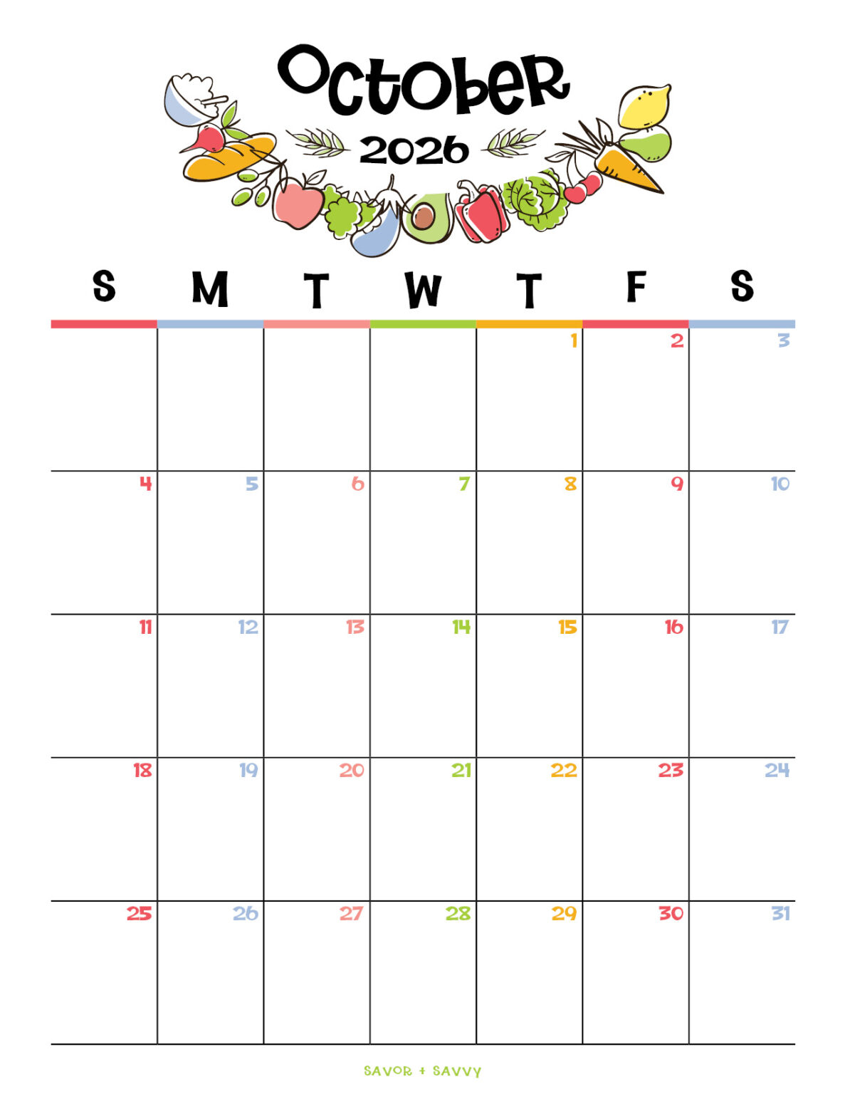 October 2026 Calendar Templates - 14 Free Printables - Savor + Savvy