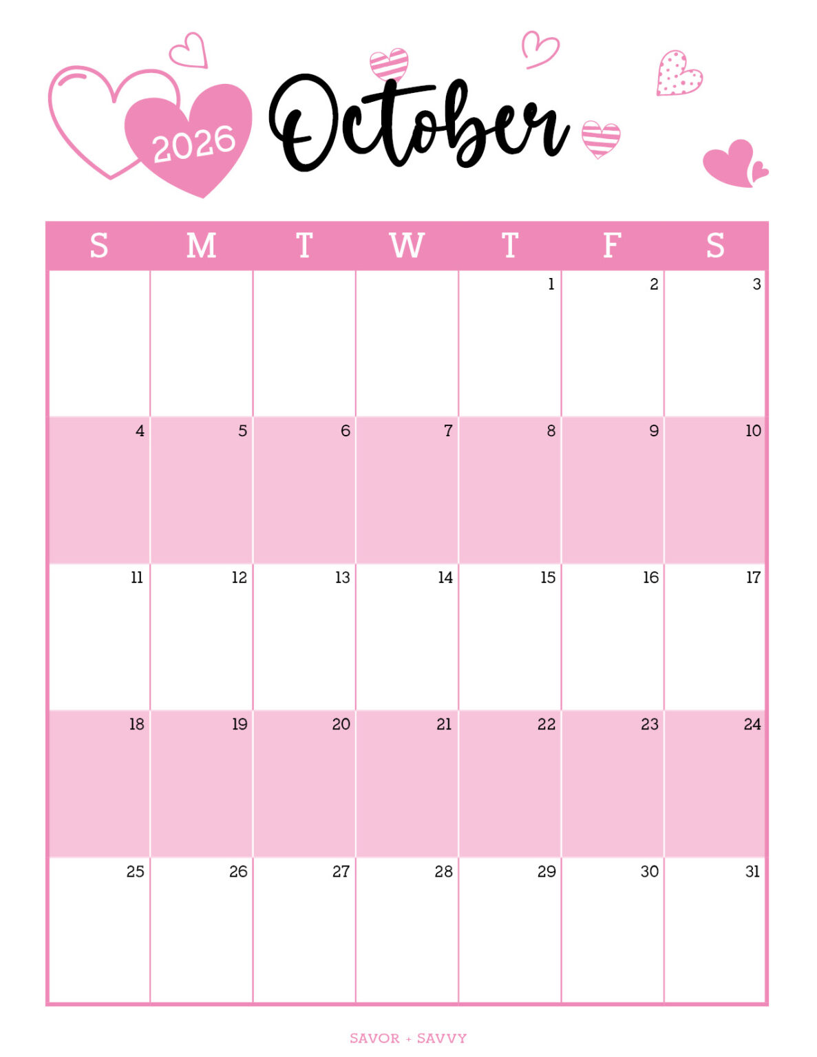 October 2026 Calendar Templates - 14 Free Printables - Savor + Savvy