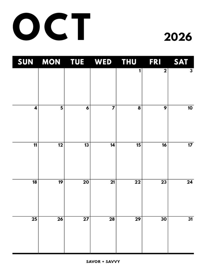 October 2026 Calendar Templates - 14 Free Printables - Savor + Savvy